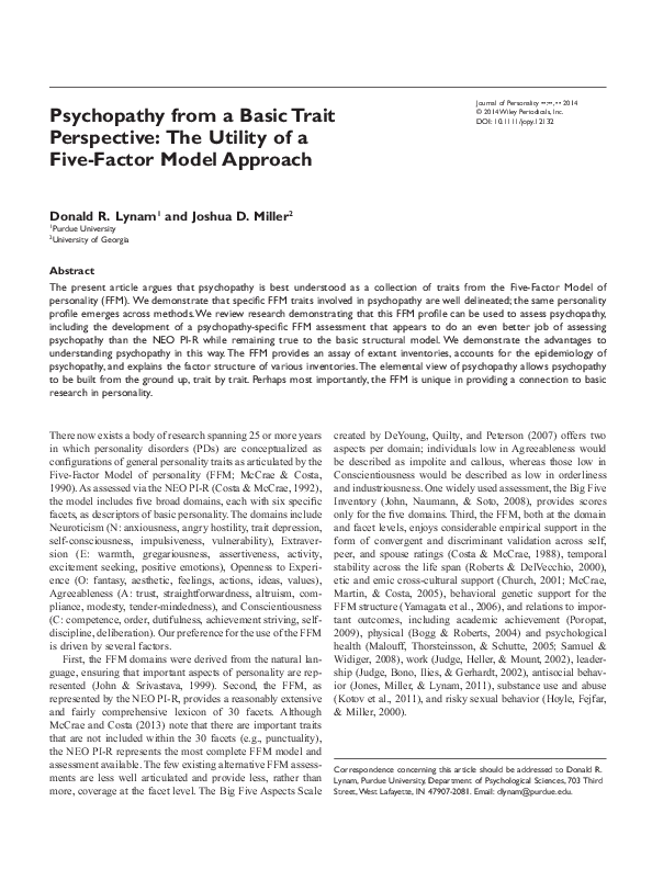 (PDF) Psychopathy from a Basic Trait Perspective: The Utility of a Five ...