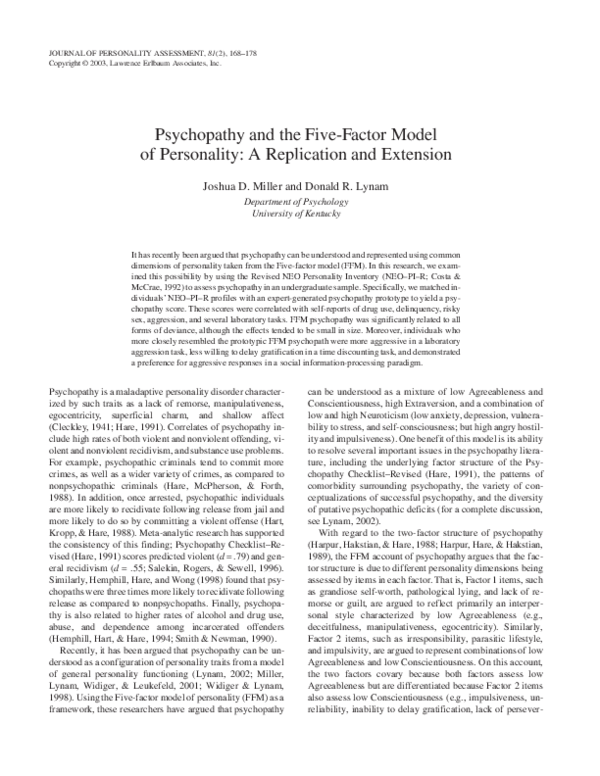(PDF) Psychopathy and the Five-Factor Model of Personality: A ...