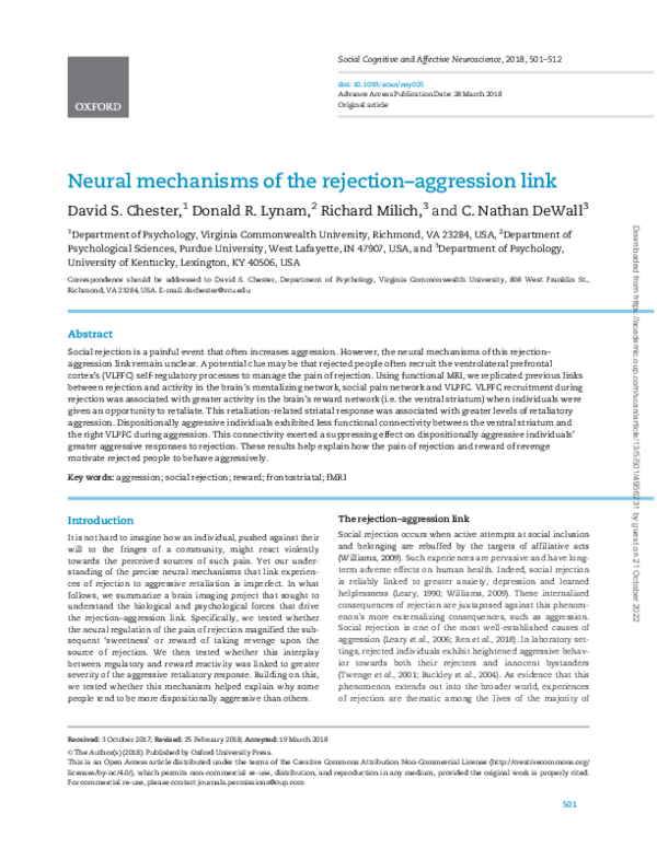 (PDF) Neural mechanisms of the rejection-aggression link