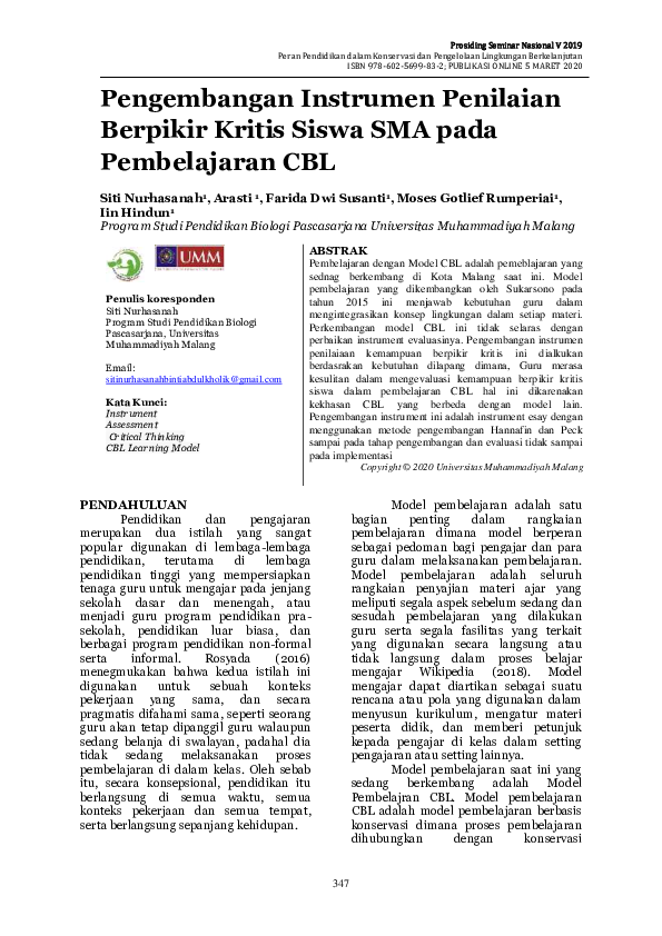(PDF) Pengembangan Instrumen Penilaian Berpikir Kritis Siswa SMA pada Pembelajaran CBL