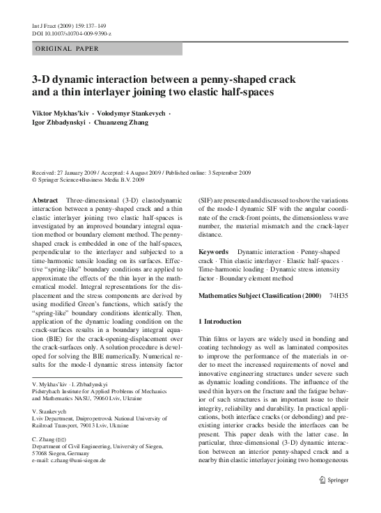 (PDF) 3-D dynamic interaction between a penny-shaped crack and a thin ...
