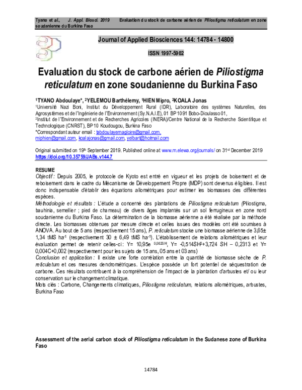 (PDF) Evaluation du stock de carbone aérien de Piliostigma reticulatum en zone soudanienne du ...