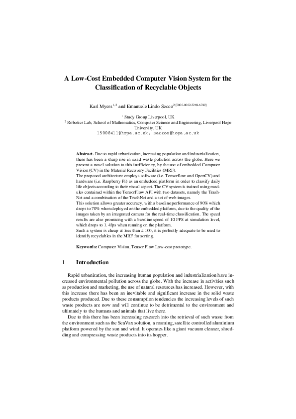 Pdf A Low Cost Embedded Computer Vision System For The Classification