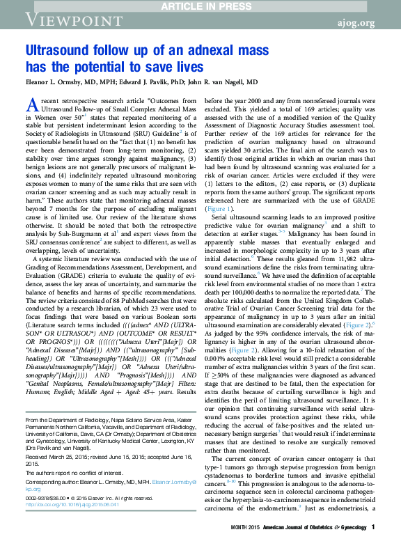 Pdf Ultrasound Monitoring For Adnexal Masses