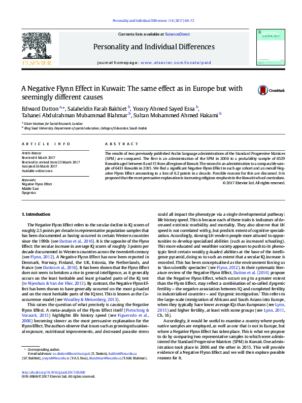 (PDF) A Negative Flynn Effect in Kuwait: The same effect as in Europe but with seemingly ...