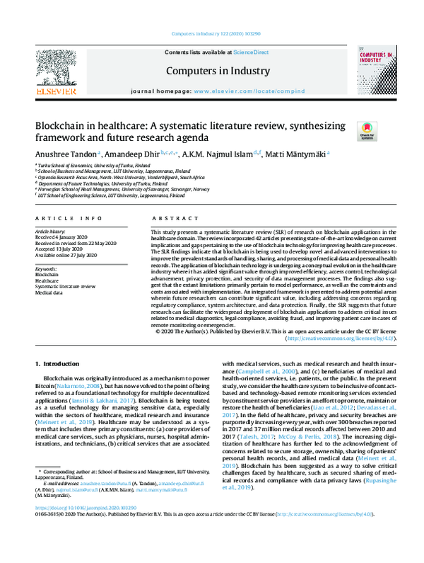 Pdf Blockchain In Healthcare A Systematic Literature Review