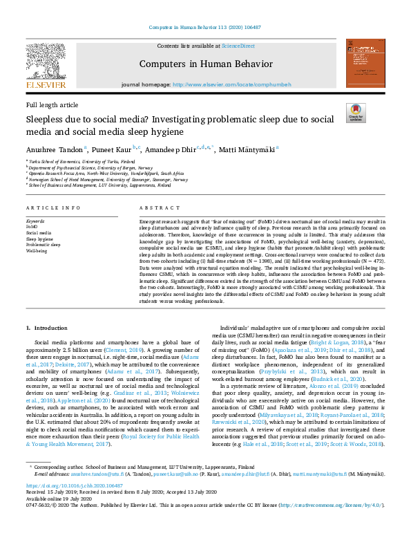 (PDF) Sleepless due to social media? Investigating problematic sleep ...