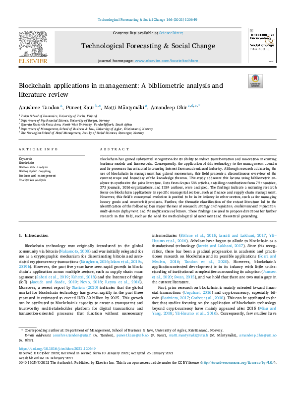(PDF) Blockchain applications in management: A bibliometric analysis and literature review ...