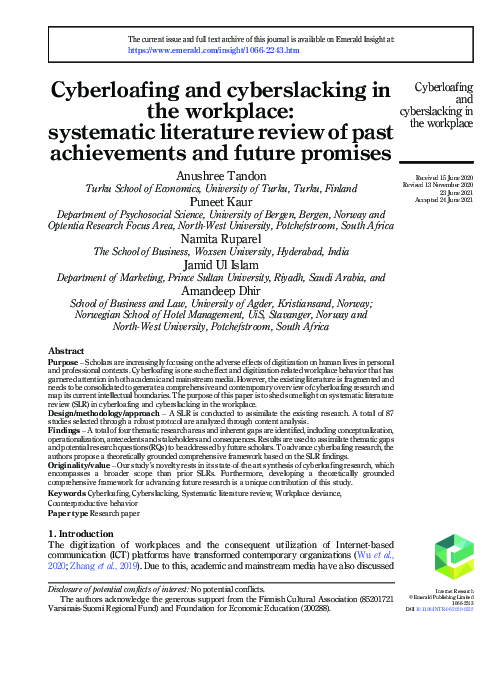 (PDF) Cyberloafing and cyberslacking in the workplace: systematic ...