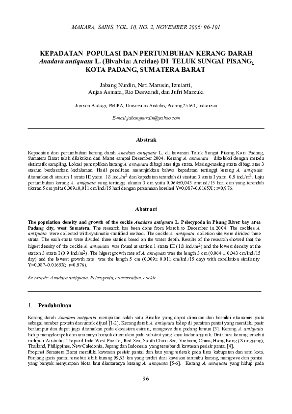(PDF) KEPADATAN POPULASI DAN PERTUMBUHAN KERANG DARAH Anadara antiquata ...