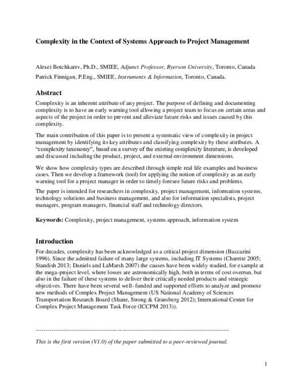 (PDF) Complexity in the Context of Information Systems Project Management