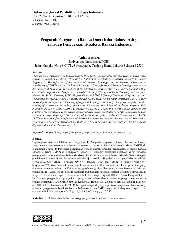 (PDF) Pengaruh Penguasaan Bahasa Daerah dan Bahasa Asing terhadap ...