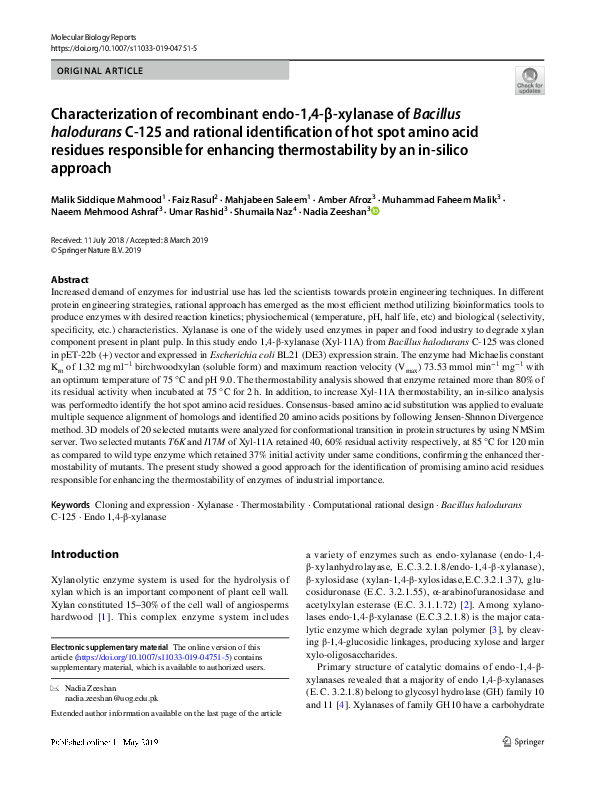 (PDF) Characterization of recombinant endo-1,4-β-xylanase of Bacillus halodurans C-125 and ...