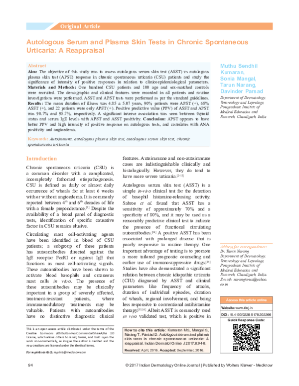 (PDF) Autologous Serum and Plasma Skin Tests in Chronic Spontaneous ...