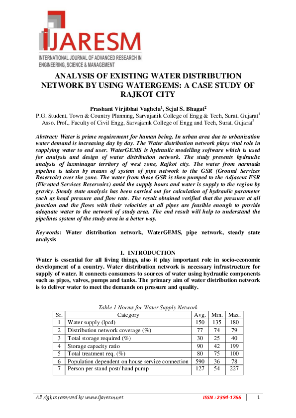 (PDF) Analysis of Existing Water Distribution Network by Using ...