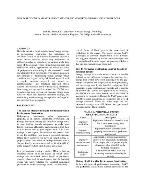 (PDF) New Directions in Measurement and Verification for Performance Contracts