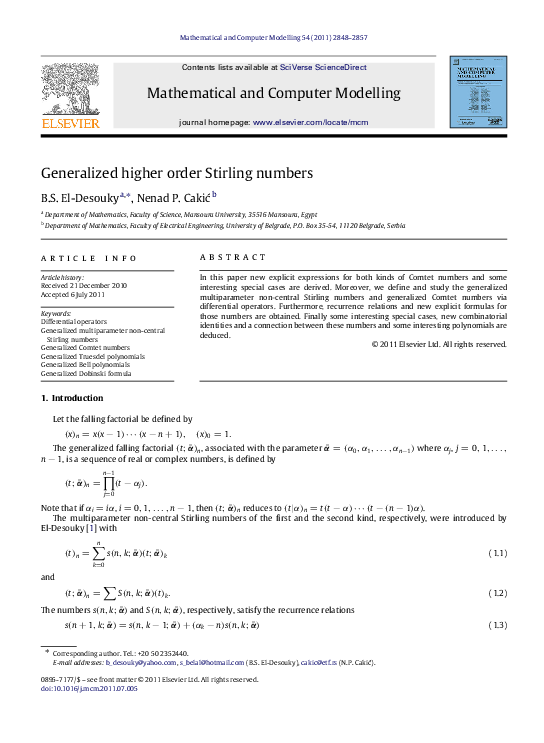 (PDF) Generalized higher order Stirling numbers