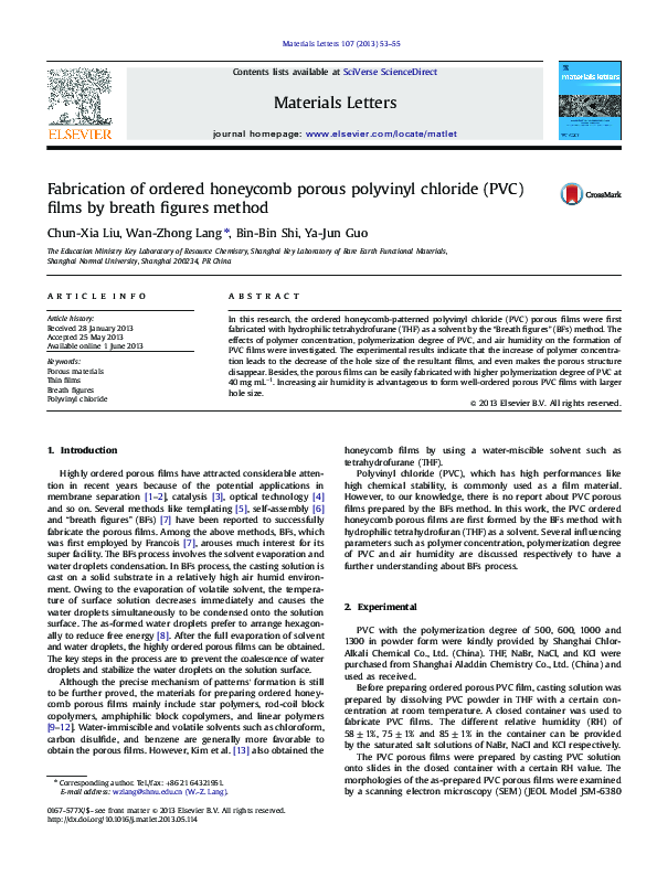 (PDF) Fabrication of ordered honeycomb porous polyvinyl chloride (PVC ...