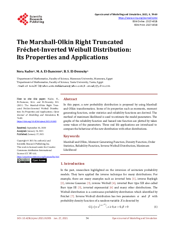Pdf The Marshall Olkin Right Truncated Fréchet Inverted Weibull Distribution Its Properties