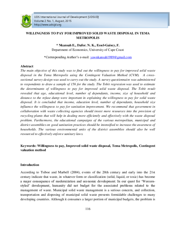(PDF) Willingness to Pay for Improved Solid Waste Disposal in Tema Metropolis | Emmanuel Nkansah ...