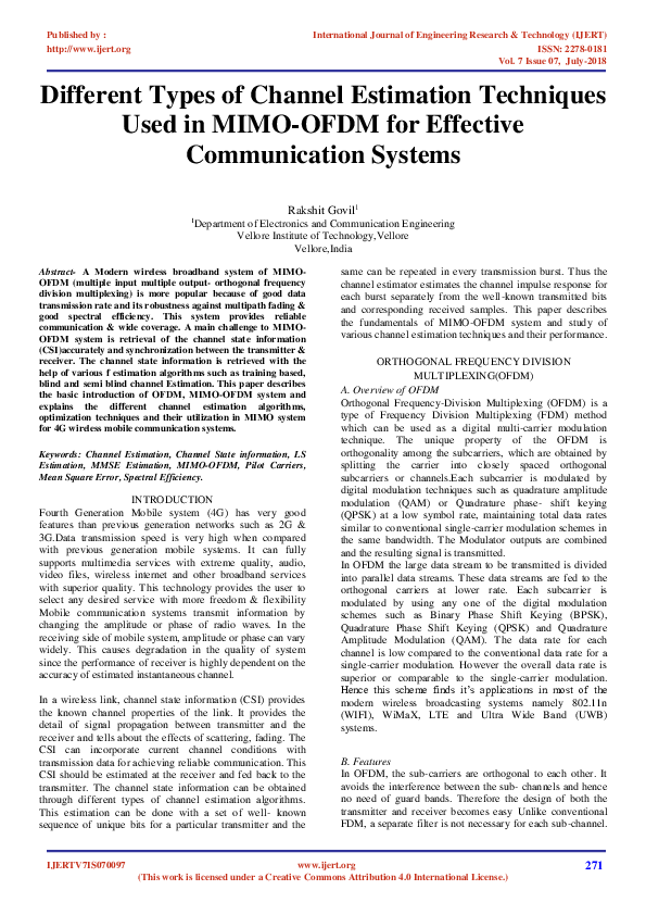 (PDF) Different Types of Channel Estimation Techniques Used in MIMO-OFDM for Effective ...