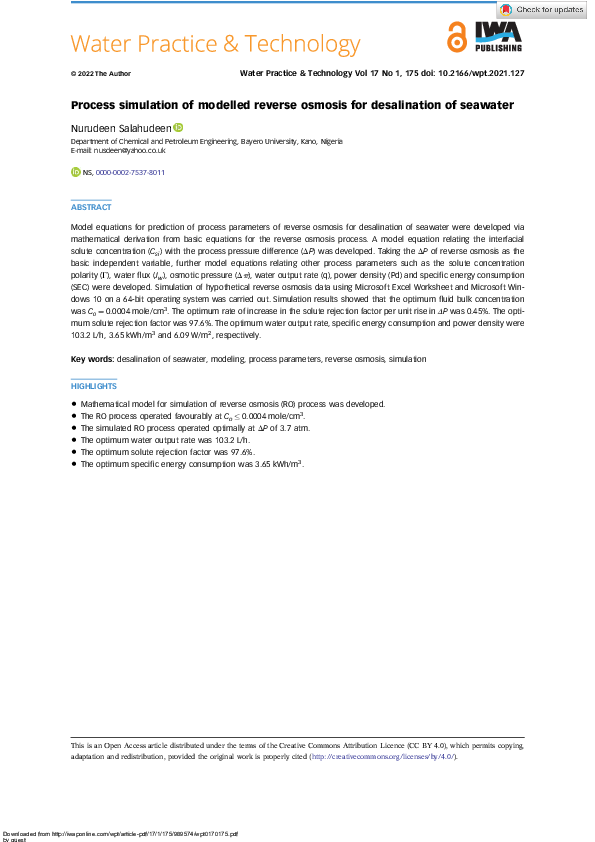 (PDF) Process simulation of modelled reverse osmosis for desalination of seawater