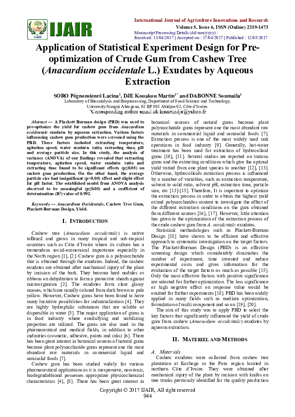Pdf Application Of Statistical Experiment Design For Pre Optimization Of Crude Gum From Cashew 6623