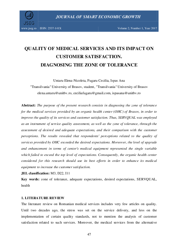 (PDF) Quality of Medical Services and Its Impact on Customer Satisfaction. Diagnosing the Zone ...