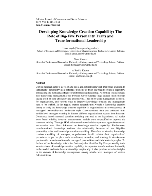 (PDF) Developing knowledge creation capability: The role of big-five personality traits and ...