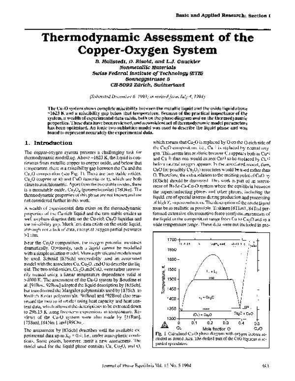 (PDF) Thermodynamic assessment of the copper-oxygen system