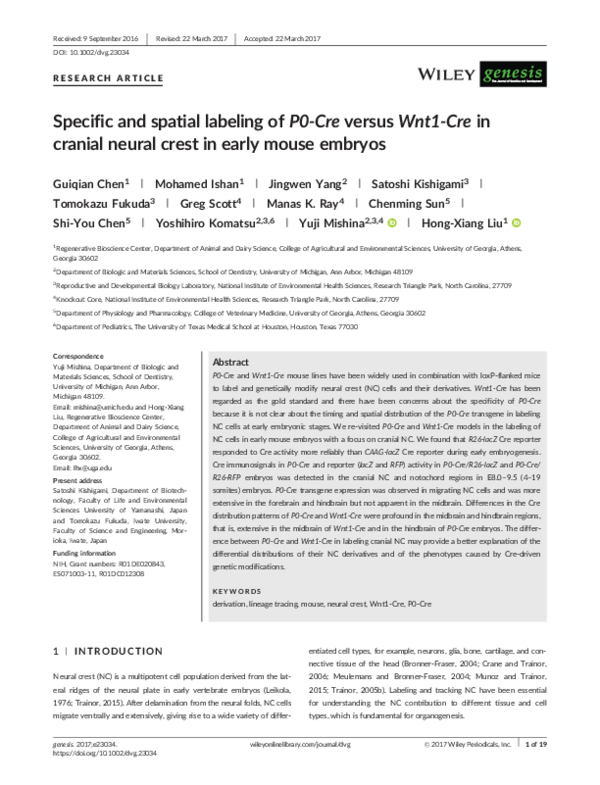 (PDF) Specific and spatial labeling of P0-Cre versus Wnt1-Cre in ...