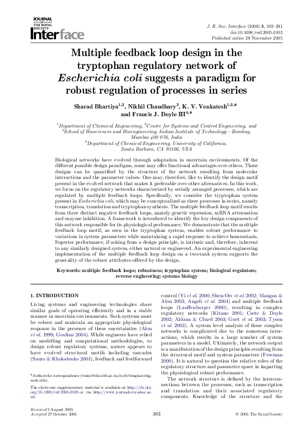 (PDF) Multiple feedback loop design in the tryptophan regulatory network of Escherichia coli ...