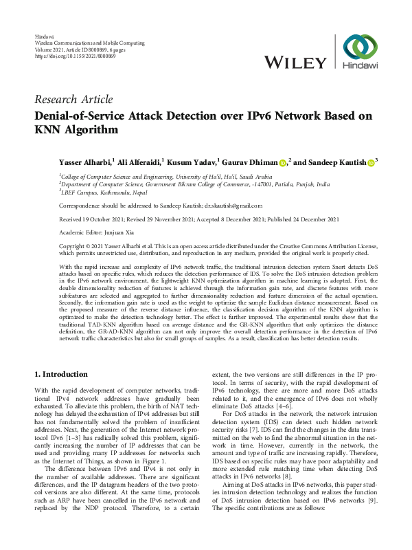 (PDF) Denial-of-Service Attack Detection over IPv6 Network Based on KNN Algorithm | Yasser ...