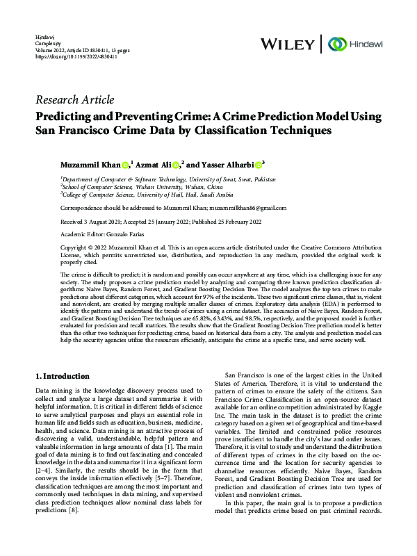 Pdf Predicting And Preventing Crime A Crime Prediction Model Using
