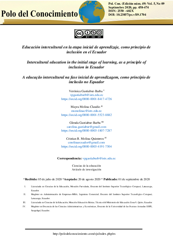 (PDF) Educación intercultural en la etapa inicial de aprendizaje, como principio de inclusión en ...