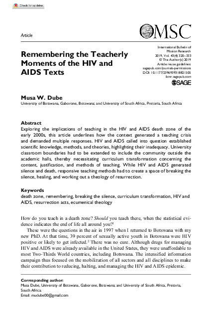 (PDF) Remembering the Teacherly Moments of the HIV and AIDS Texts