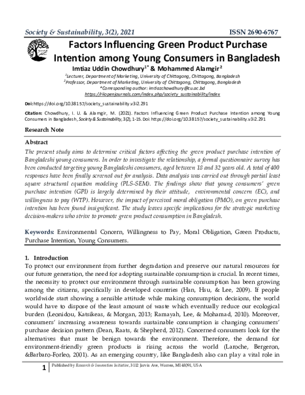 (PDF) Factors Influencing Green Product Purchase Intention among Young Consumers in Bangladesh