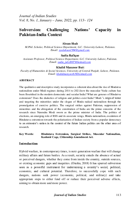 (PDF) Subversion: Challenging Nations' Capacity in Pakistan-India Context