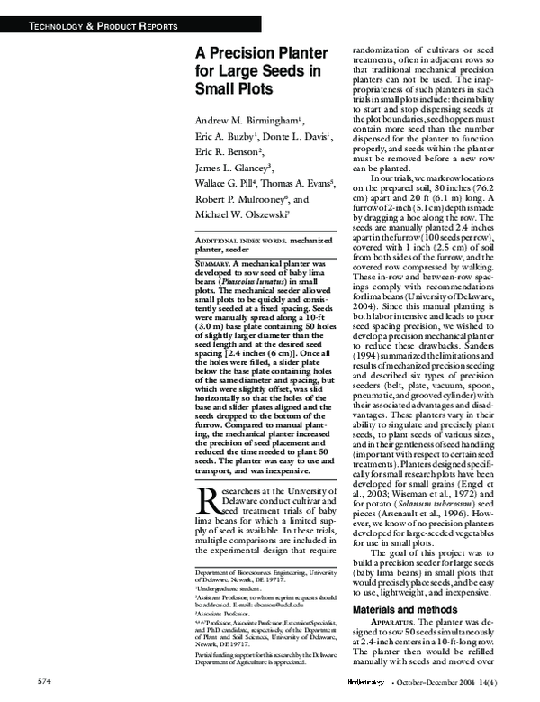 (PDF) A Precision Planter for Large Seeds in Small Plots