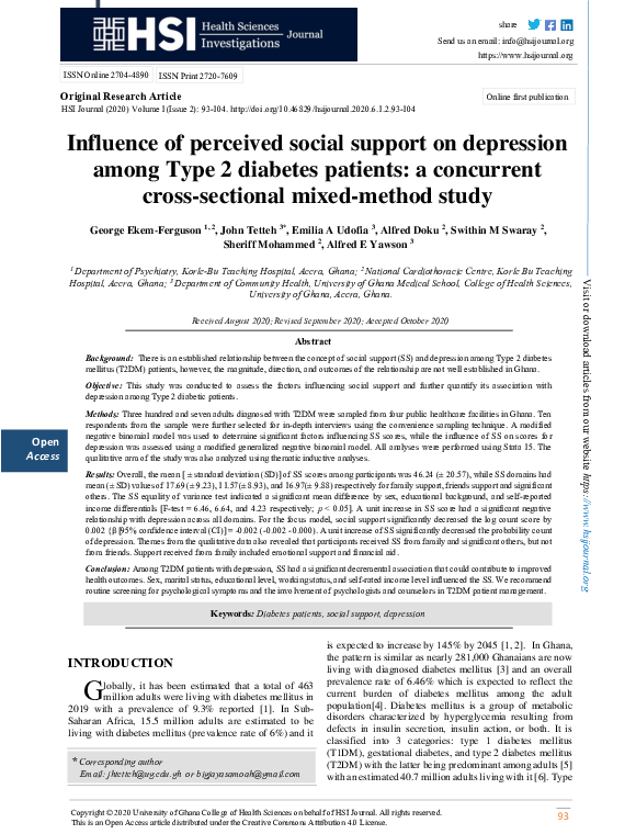 (PDF) Influence of perceived social support on depression among Type 2 ...