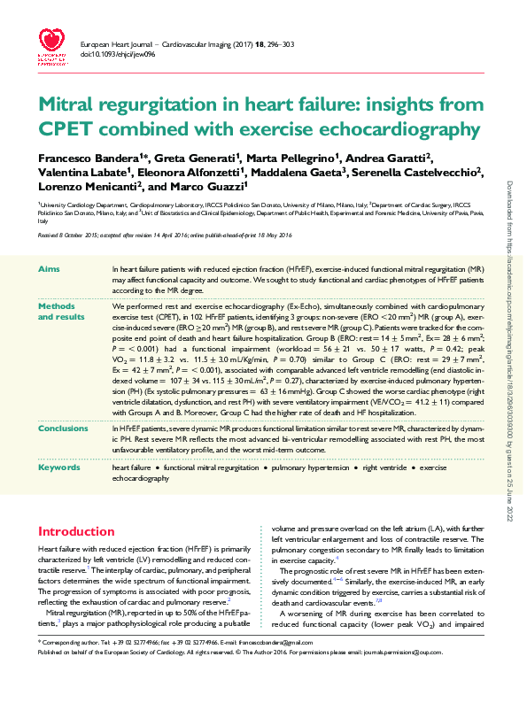 (PDF) Mitral regurgitation in heart failure: insights from CPET ...