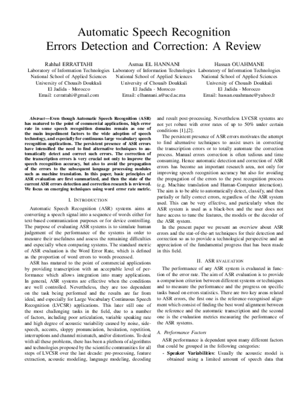 Pdf Automatic Speech Recognition Errors Detection And Correction A Review Asmaa El Hannani