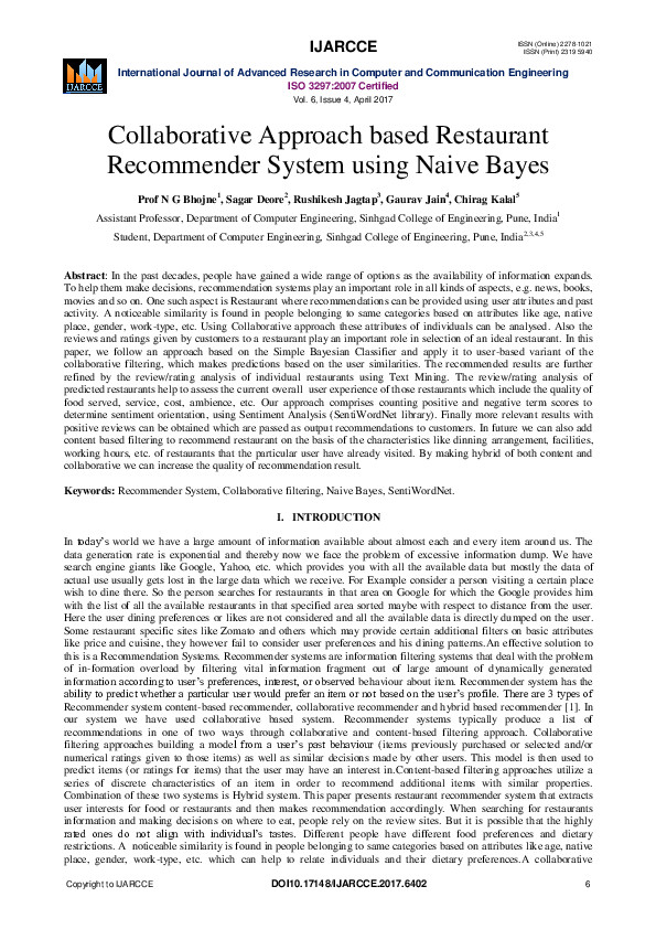 (PDF) Collaborative Approach based Restaurant Recommender System using ...