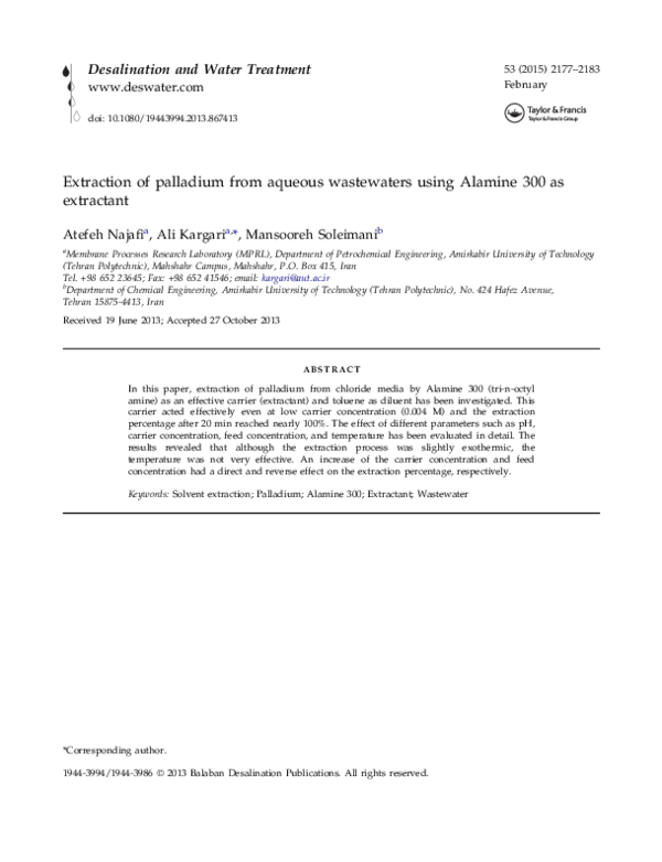 (PDF) Extraction of palladium from aqueous wastewaters using Alamine ...