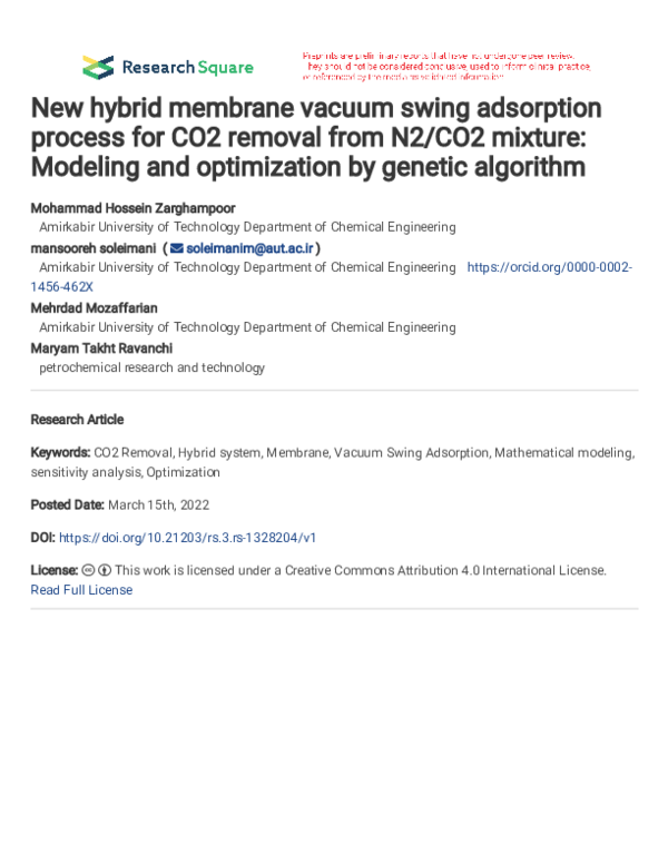 Pdf New Hybrid Membrane Vacuum Swing Adsorption Process For Co2