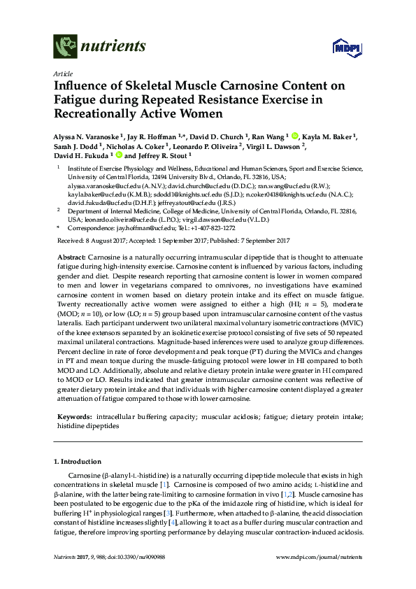 (PDF) Influence of Skeletal Muscle Carnosine Content on Fatigue during ...
