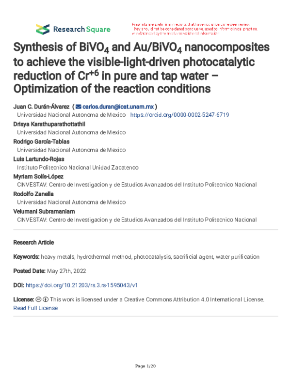 Pdf Synthesis Of Bivo4 And Au Bivo4 Nanocomposites To Achieve The Visible Light Driven