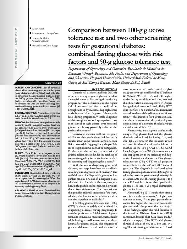 (PDF) Comparison between 100-g glucose tolerance test and two other ...