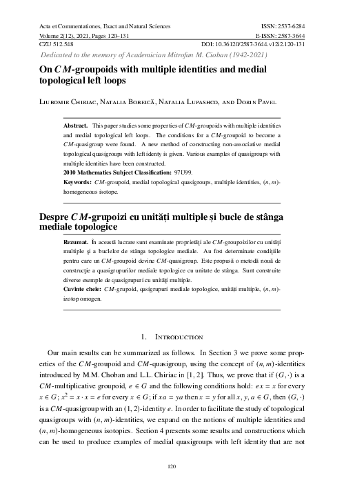 (PDF) On CM-groupoids with multiple identities and medial topological left loops