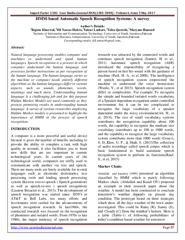(PDF) HMM-based Automatic Speech Recognition Systems: A survey